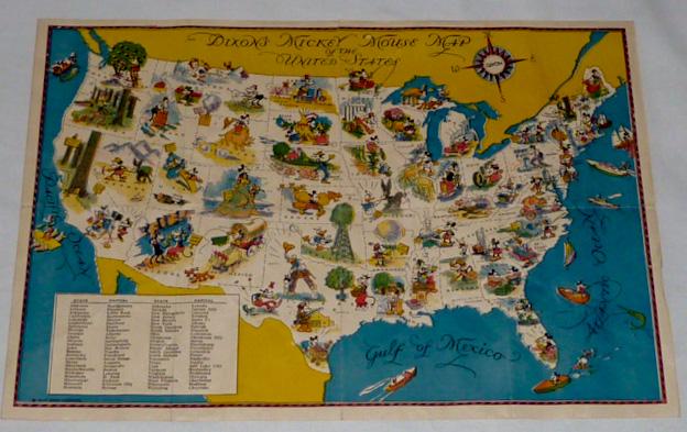 Walt Disney Dixon's Mickey Mouse Map Of United States