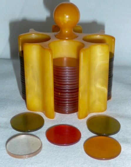 1930's Bakelite Poker Chip Holder & Chips With Original Box Auction
