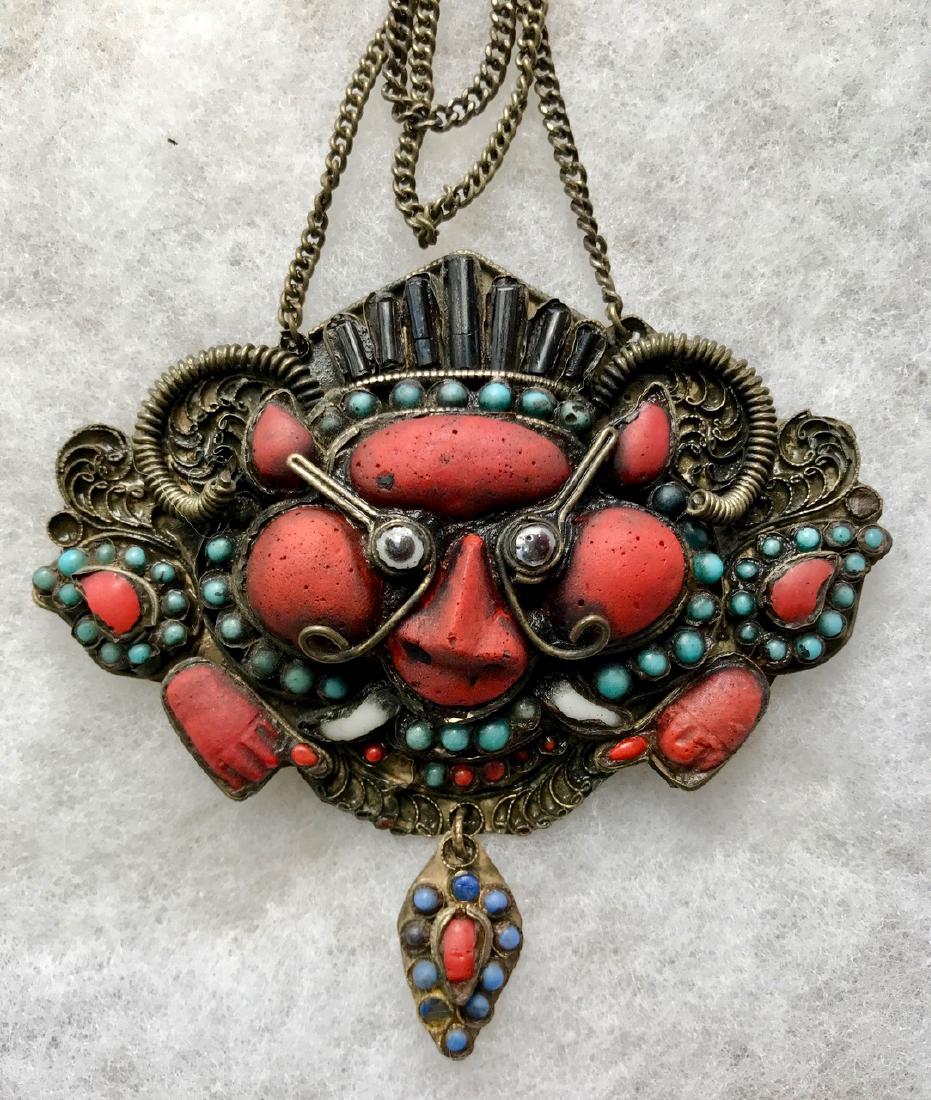 Nepalese Deity Pendant Necklace, Turquoise & Coral