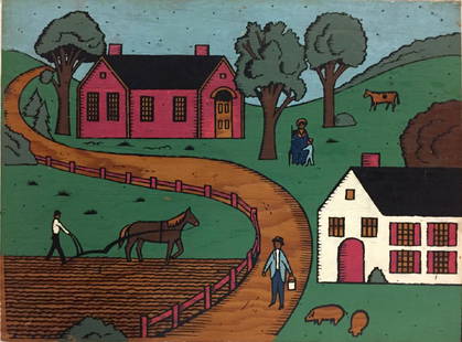Primitive Folk Art Farm Painting