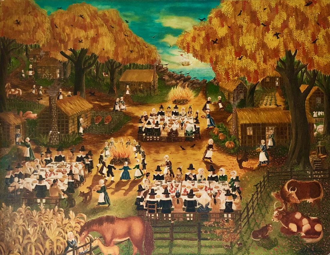 Folk Art Oil Painting "1st Thanksgiving" Colette Raker