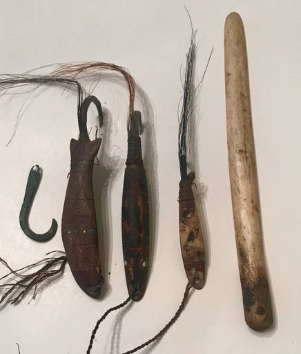 Inuit Fishing Artifacts, Bone Lures & Jig Stick, Alaska
