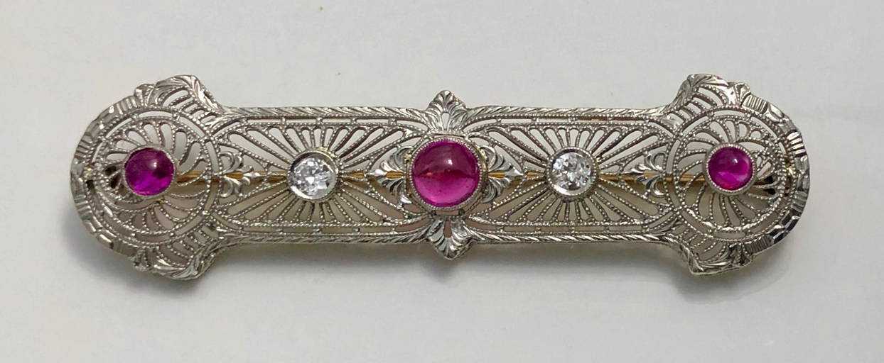 Antique Ruby & Diamond Filigree Long Brooch Pin Set In White Gold