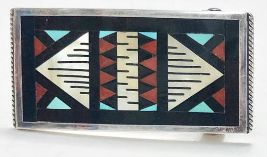 Leander & Lisa Othole Inlay Sterling Belt Buckle Zuni