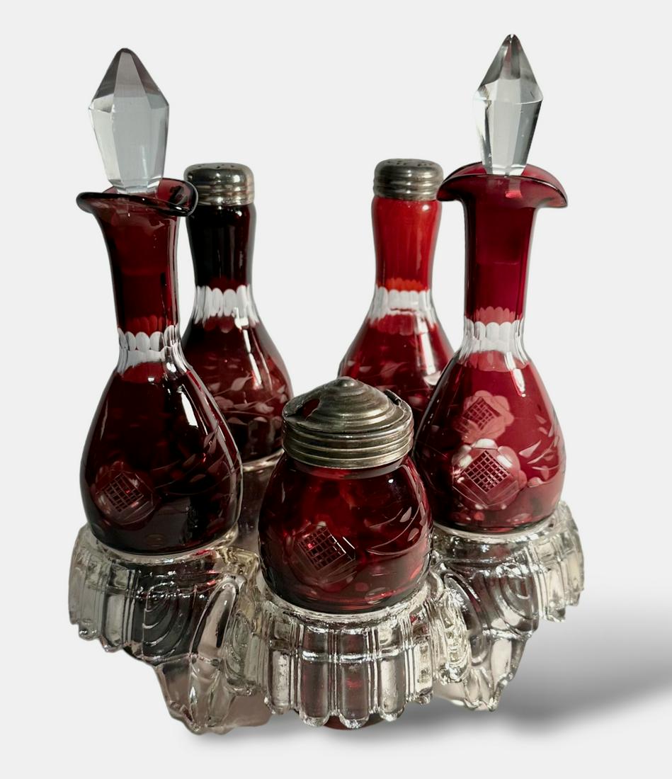 Antique Bohemian Ruby Red Etched Cut Glass Cruet / Castor Set