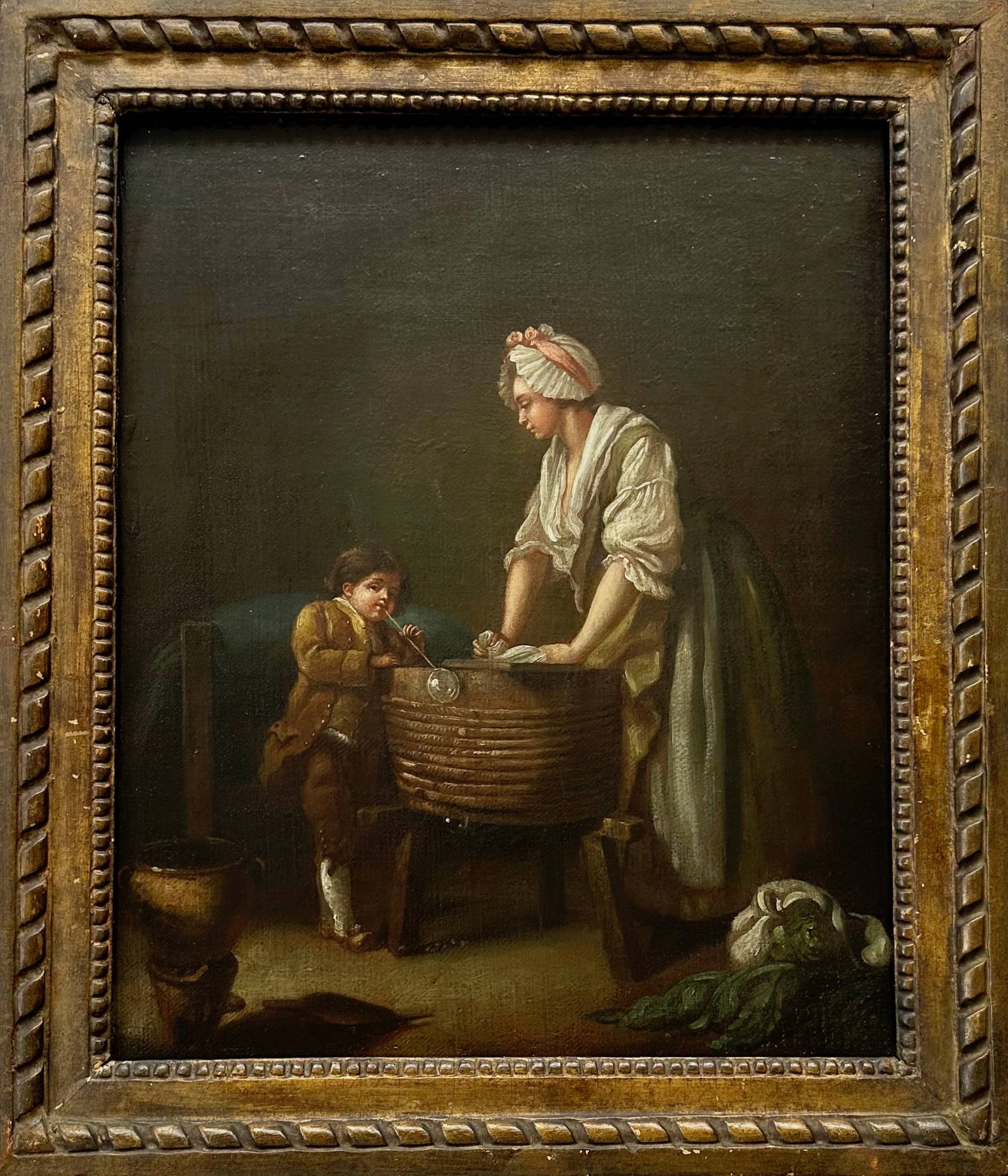 19th C. Oil Painting Scullery Maid W/ Boy Blowing Soap Bubbles Auction