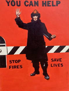 1930s Fireman Illustration Painting You Can Help Stop Fires Save Lives
