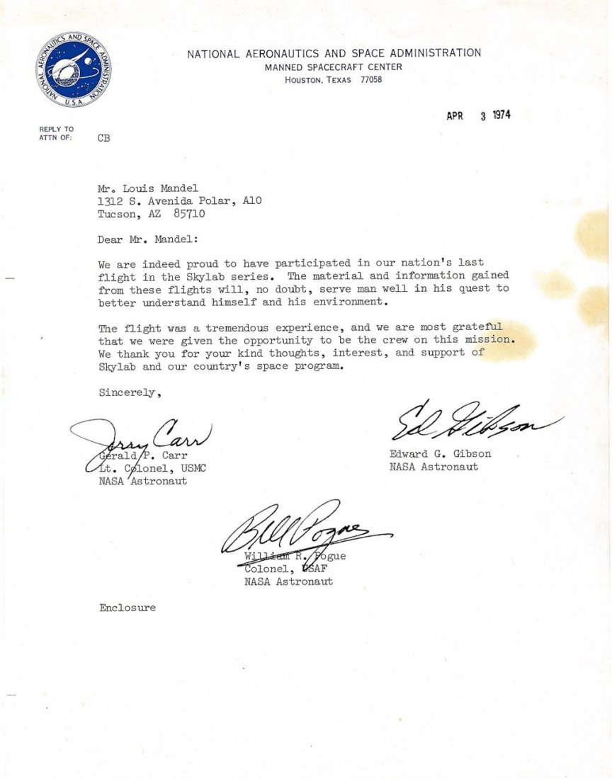 For Auction: Skylab 4- TLS 1974 NASA Letterhead Signed 3 Astronauts ...