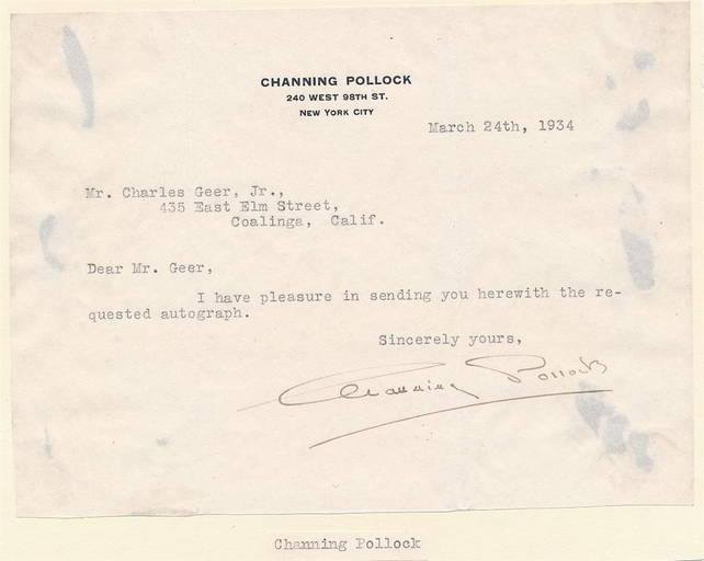 Channing Pollock Tls From 1934 (playwright/critic)