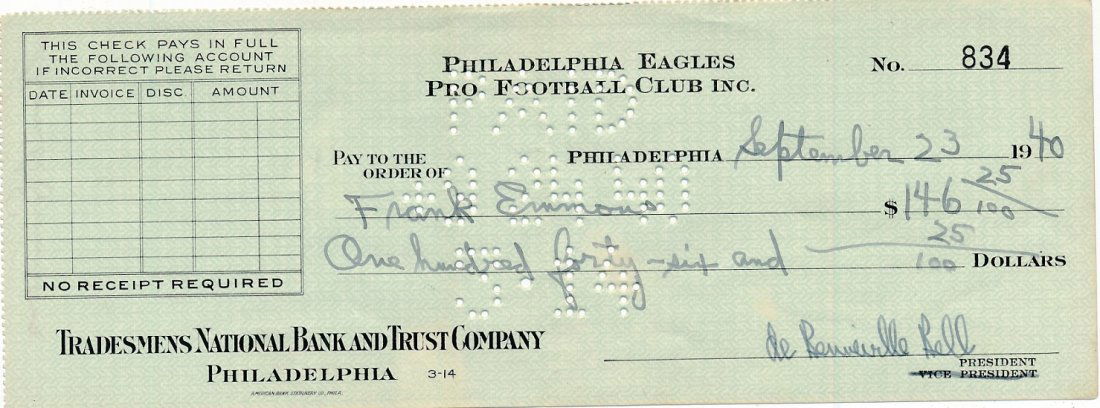 Bert Bell Vintage Signed Bank Check/frank Simmons