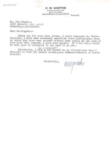 Charles M. Goethe (american Eugenicist) Tls On His Stationery