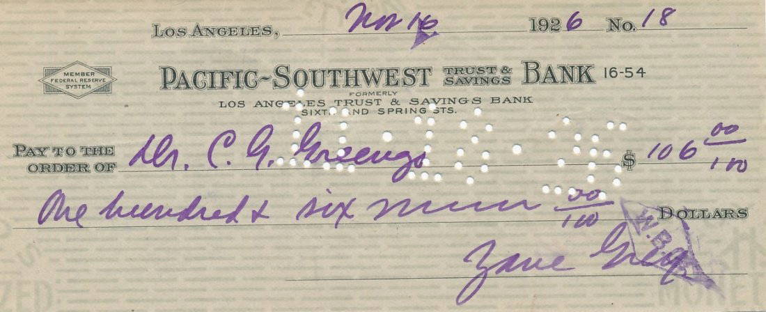 Zane Grey Vintage Signed Bank Check (famed Author)