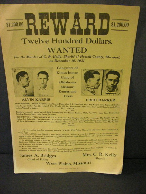 3610: 1931 ALVIN KARPIS FRED BARKER WANTED POSTER