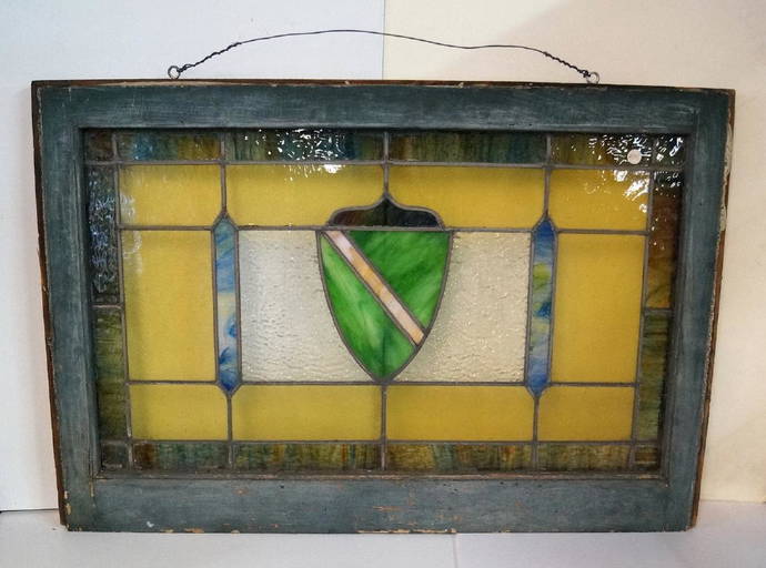 Vintage Leaded Glass Window With Shield Motif