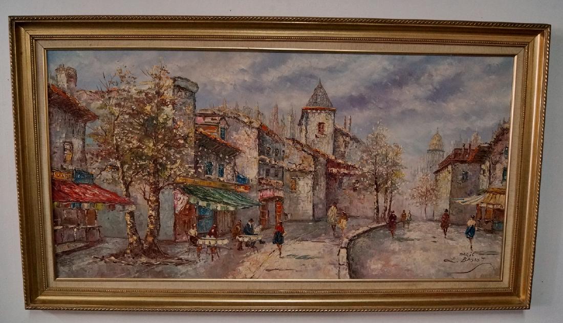 LOUIS BASSETT SGN. OIL ON CANVAS "PARIS SCENE W/ VIEW