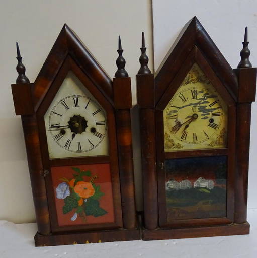 2 Steeple Clocks W/reverse Painted Tablets: 1 En.n.