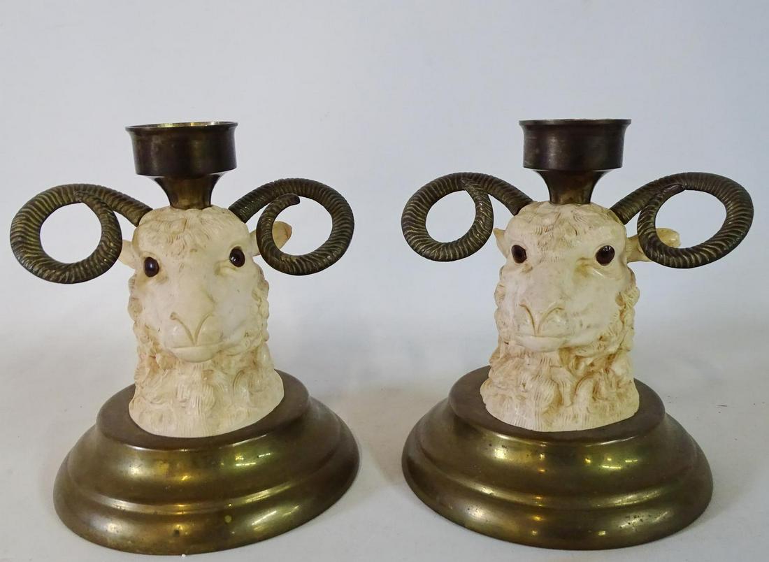 Pr. Rams Head Figural Brass & Resin Candlesticks