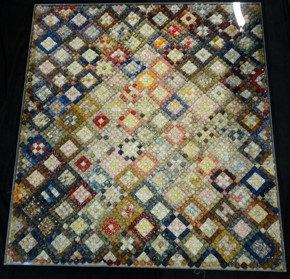 Antique Hand Stitched Popcorn Quilt W/ Silk Fabric Framed 63" X 58" Lucite