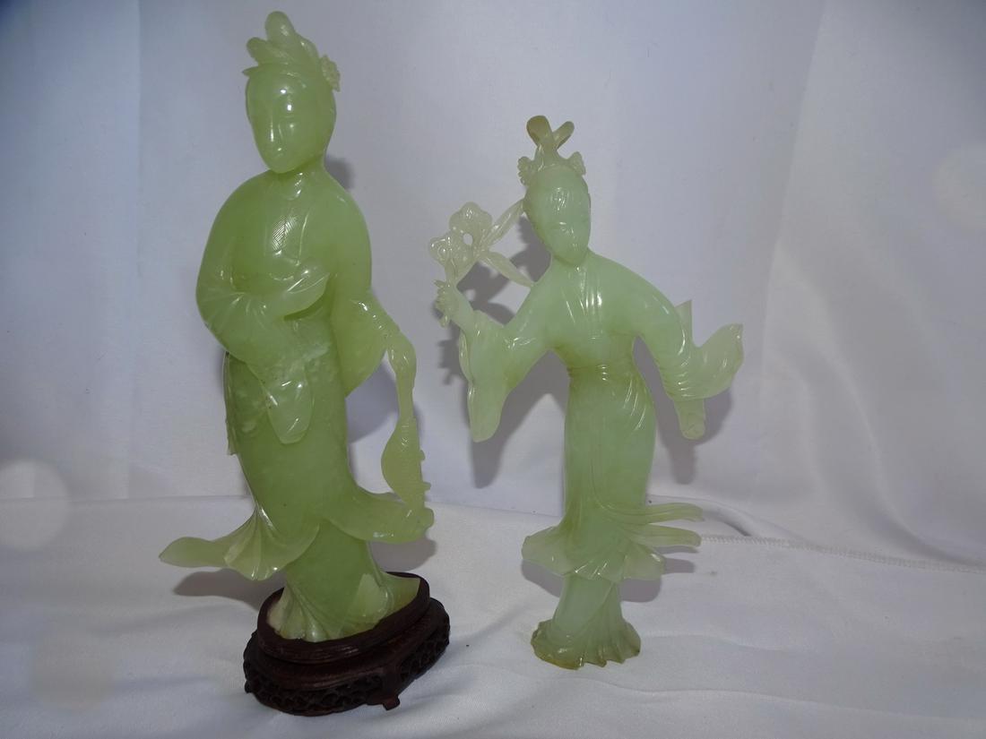 PAIR OF JADE FIGURES (ONE MISSING STAND) AND BRONZE ASIAN MOTIF BOX, 9 ...