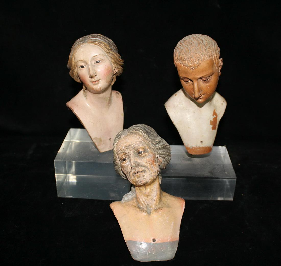 Group Of Three Plaster Heads On Stands, 9" Tallest (ref 512 517 & No ...