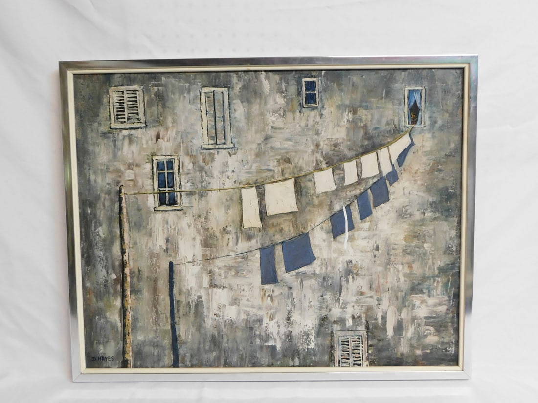 Acrylic On Canvas Abstract Clothesline Scene Signed D. Hayes 24" X 29 1 ...