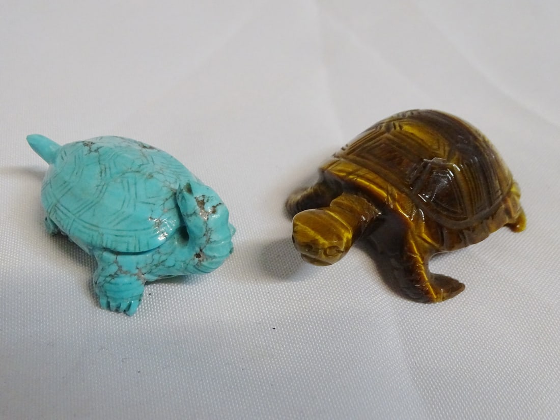 2 Turquoise & Tiger Eye Turtles Auction