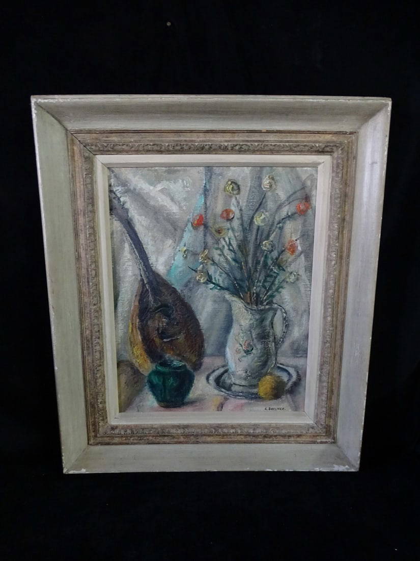 Signed Samuel Brecher Oil On Canvas Still Life With Instrument, 19.5" X ...