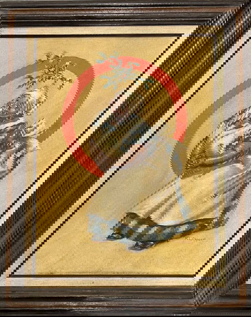 1940's Under The Mistletoe Oil On Board Illustration Signed By Artist M ...