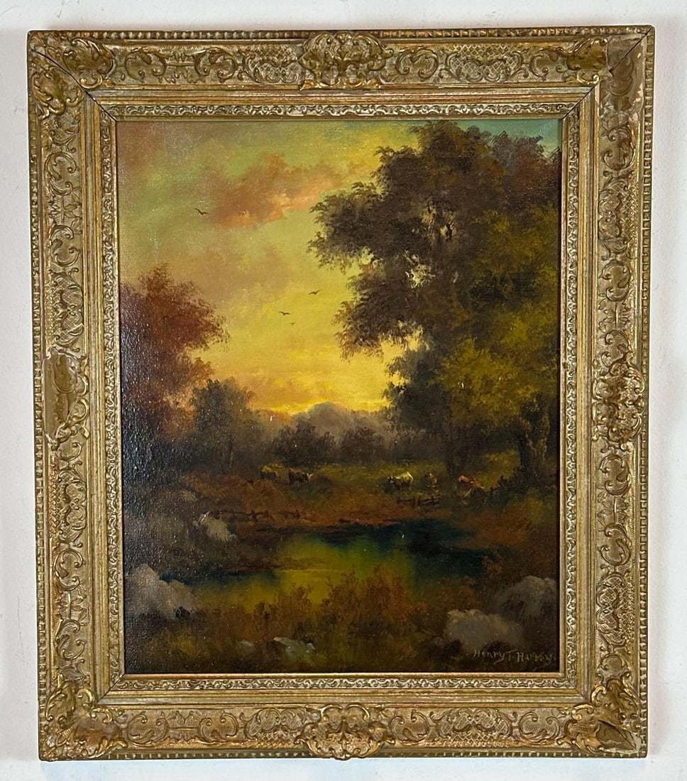 Henry T Harvey Antique Hudson River School Oil Landscape Painting Auction