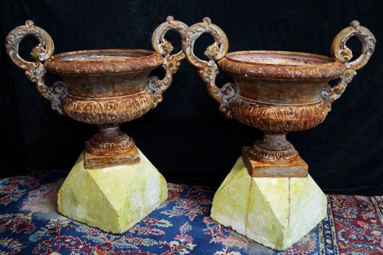 Pr. 19th C. Wrought Iron Double Handle Urns W/limestone