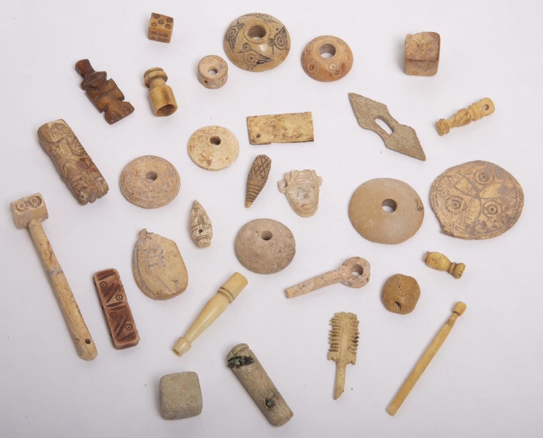 Lot of 30 Ancient Roman Bone Dice, Spindles, Amulets c.