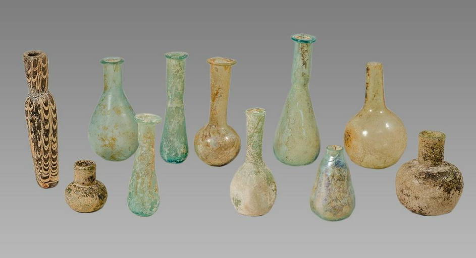 Lot Of 11 Ancient Roman Glass Bottles C.1 2nd Century
