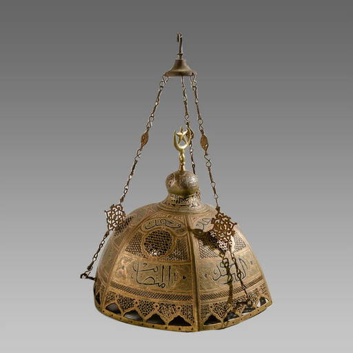 Antique Mamluk Revival Syrian Brass Lamp Silver Inlaid.