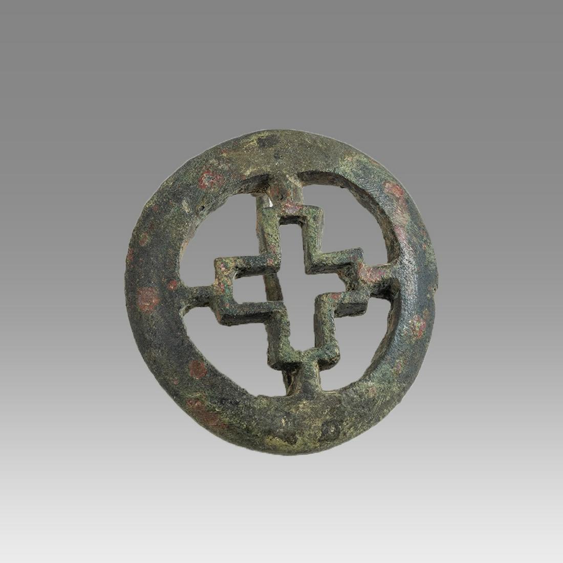 Ancient Byzantine Bronze Fibula Cross C.8th Cent Ad.