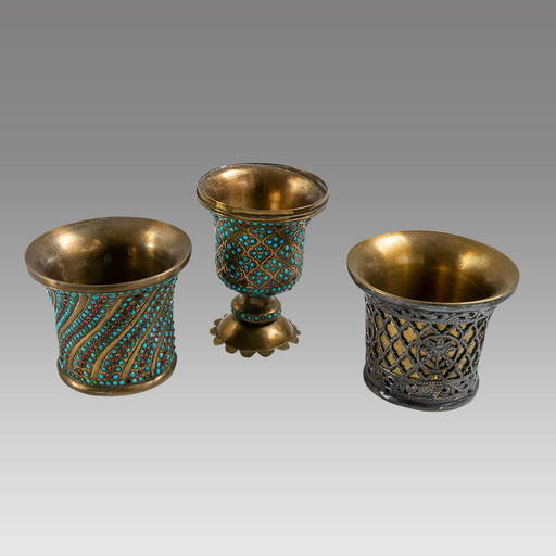 Lot Of 3 19th Century Islamic Persian Qajar Copper Cups With Turquoise ...