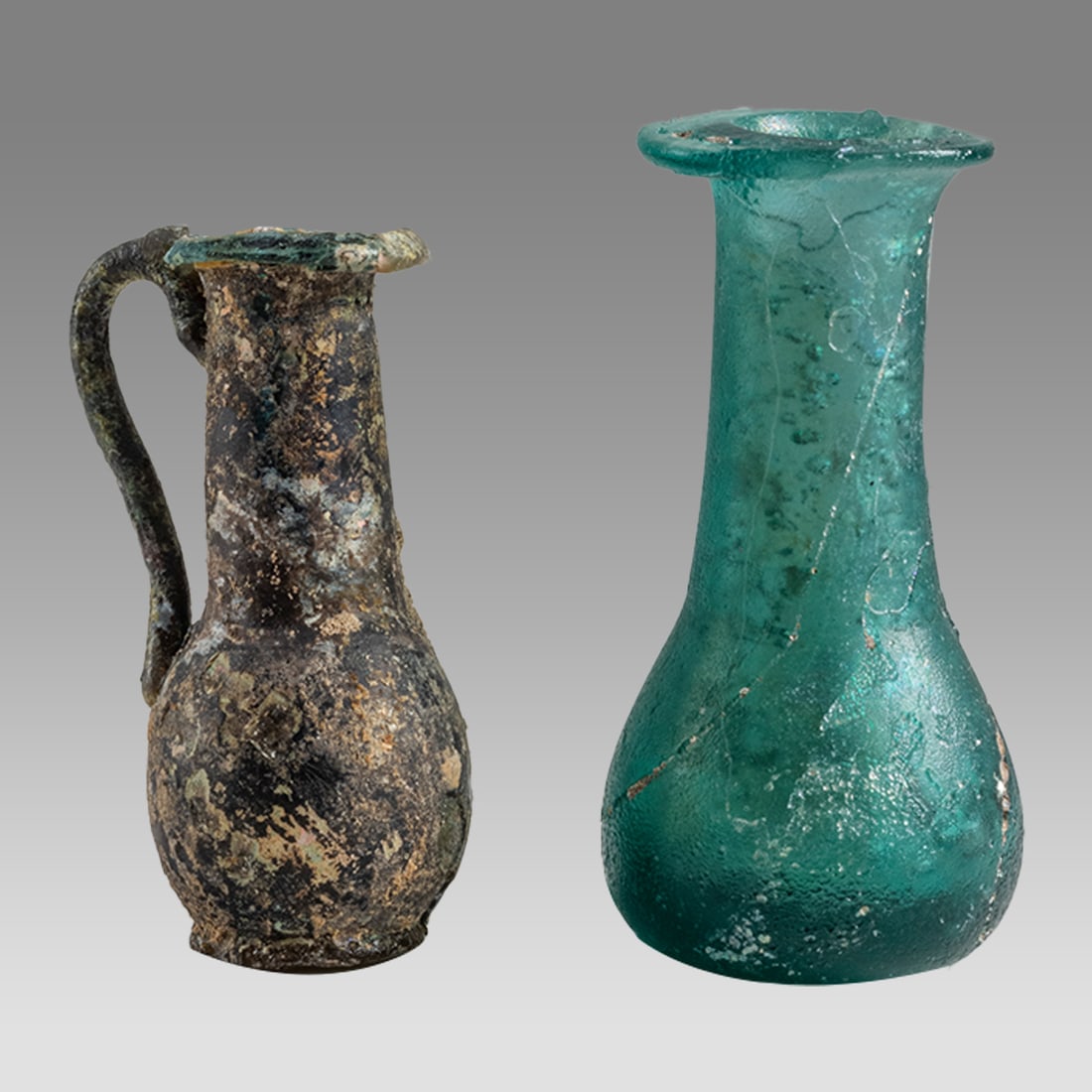 Lot Of 2 Ancient Roman Glass Bottles C.1st-4th Century Ad. Auction