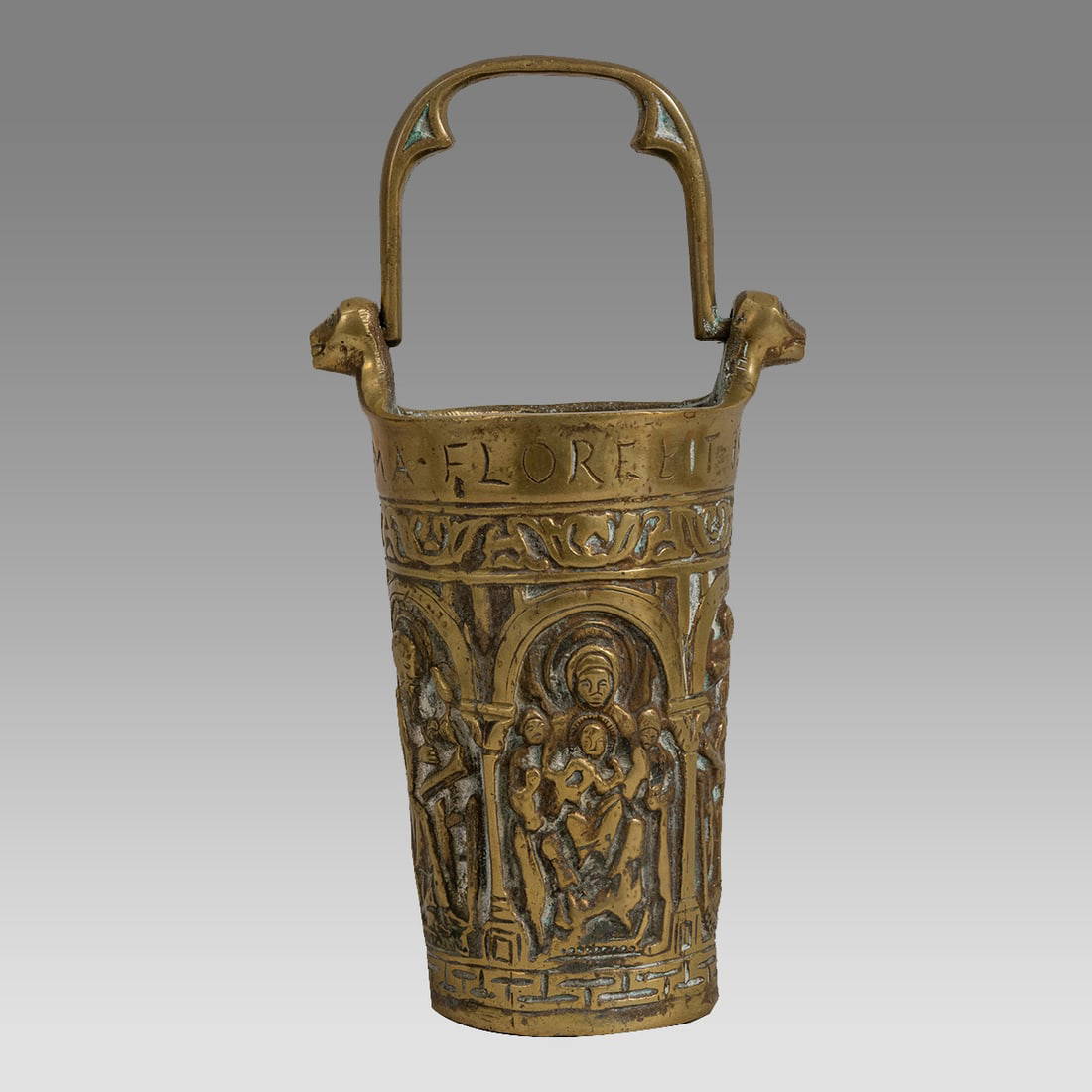 European, Bronze Holy Water Vessel With Saints And Inscriptions. Auction