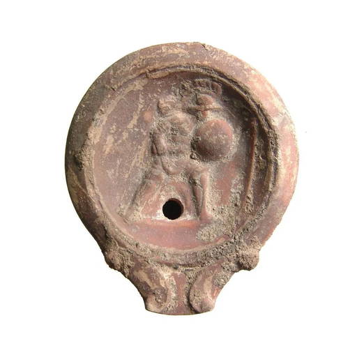 Ancient Roman Discus Oil Lamp Depicting A Gladiator, 1ast Century Ad,