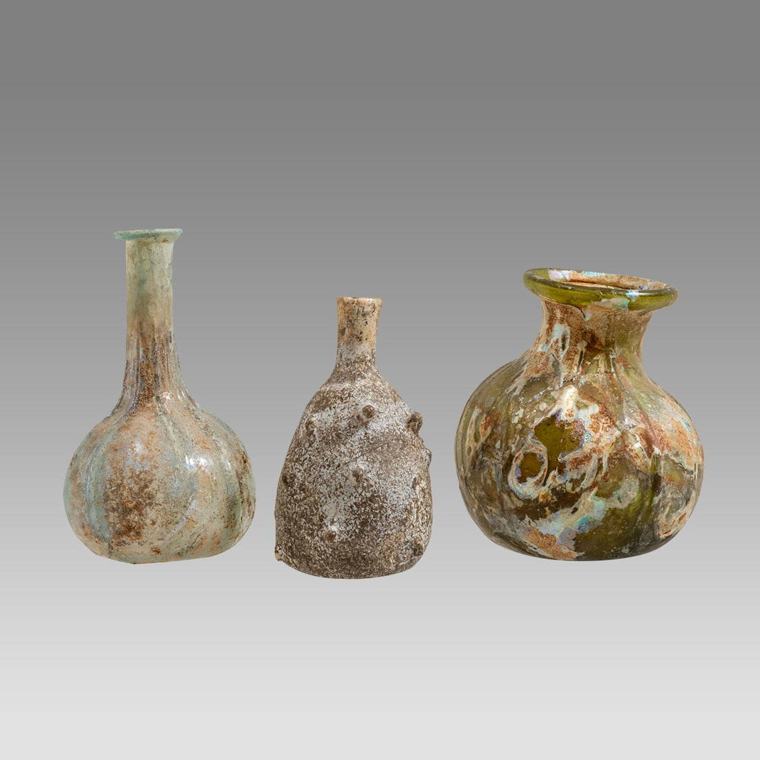 Lot Of 3 Ancient Roman Glass Bottles C.3rd-5th Century Ad. Auction