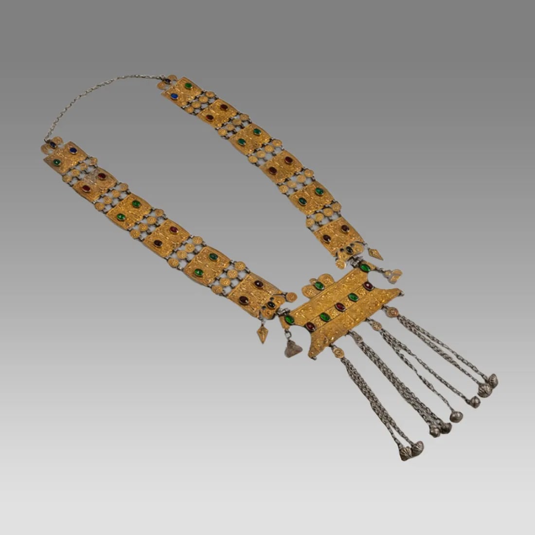 Turkoman Silver Necklace With Fire Gilding And Glass Stones. Auction