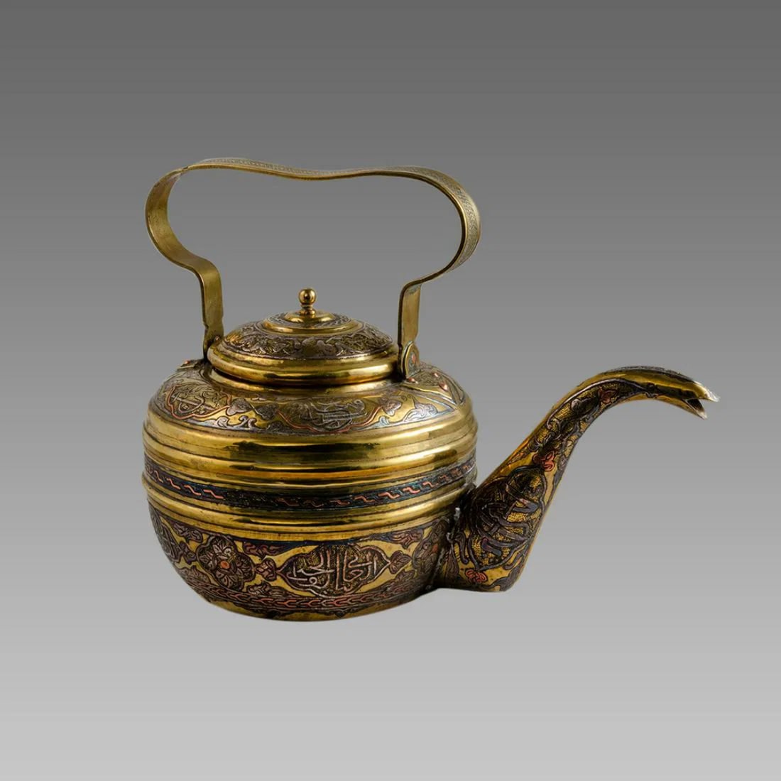 Antique Syrian Damascus Brass Teapot With Silver Inalid. Auction