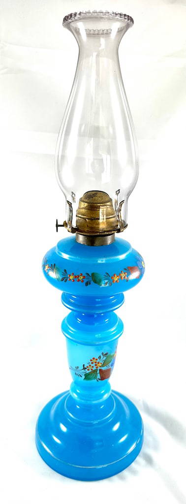 Antique French Blue Opaline Hand Painted Oil Lamp Auction