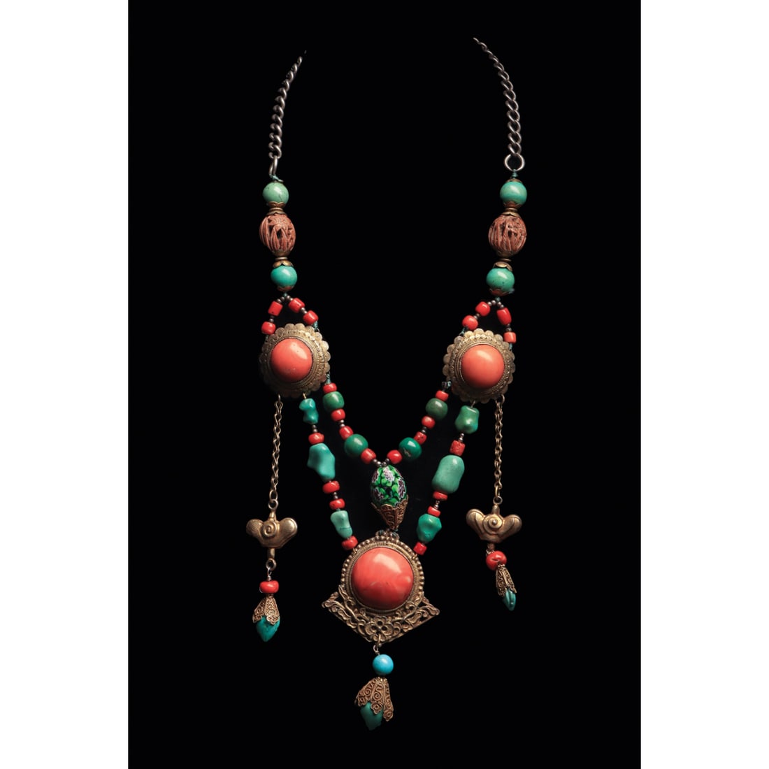 Chinese Silver, Turquoise, Coral & Bead Necklace Ching Dynasty Through ...