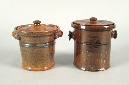 650: Two glazed redware lidded canisters by Isaac Sta
