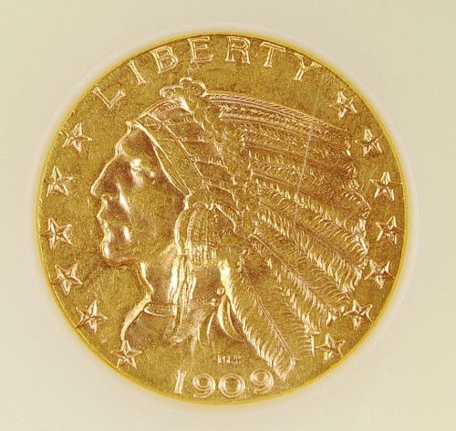 U.s. 1909 D $5 Gold Indian Head Coin.