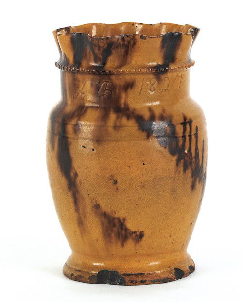 15: Pennsylvania redware vase, dated 1827, initia