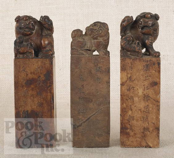 Three Chinese Hardstone Seals, 19th C., With Foo