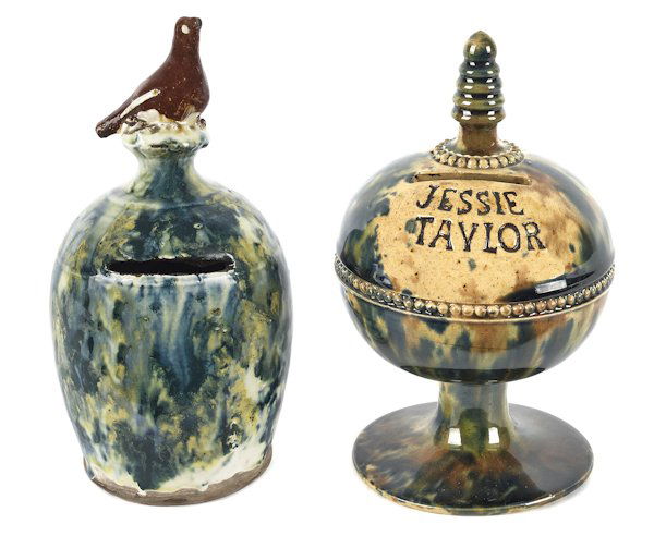 Two tortoiseshell glaze redware banks, inscribe