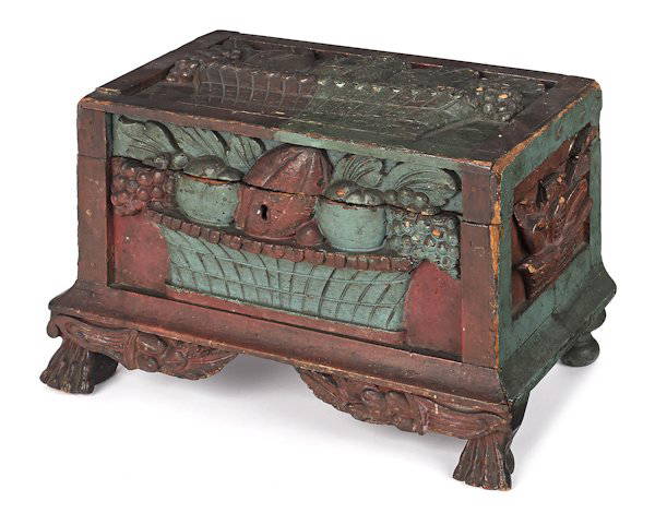 Carved And Painted Pine Dresser Box, Ca. 1835,
