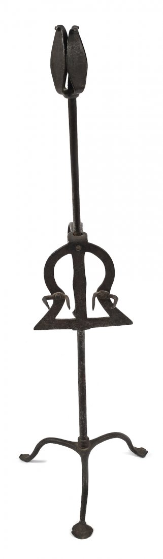 Wrought iron bird spit, 18th c., with tulip fin